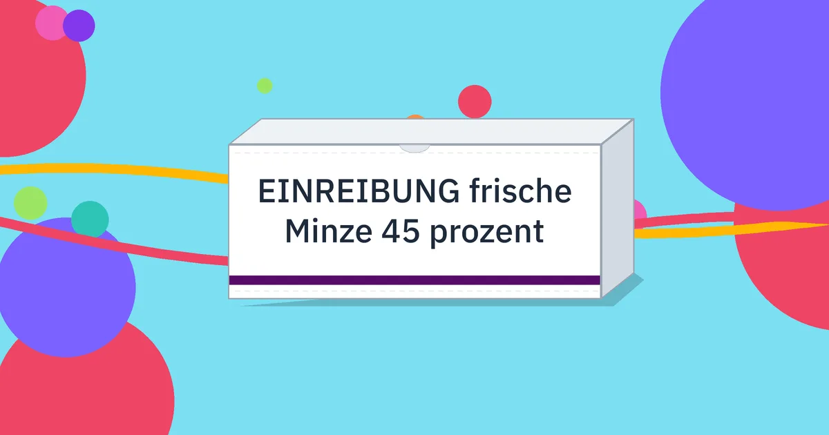 Symbolbild: Packung mit der Aufschrift EINREIBUNG frische Minze 45 prozent (PZN 13650521) – Verfügbarkeit und Bezug in Apotheken in Frankfurt am Main