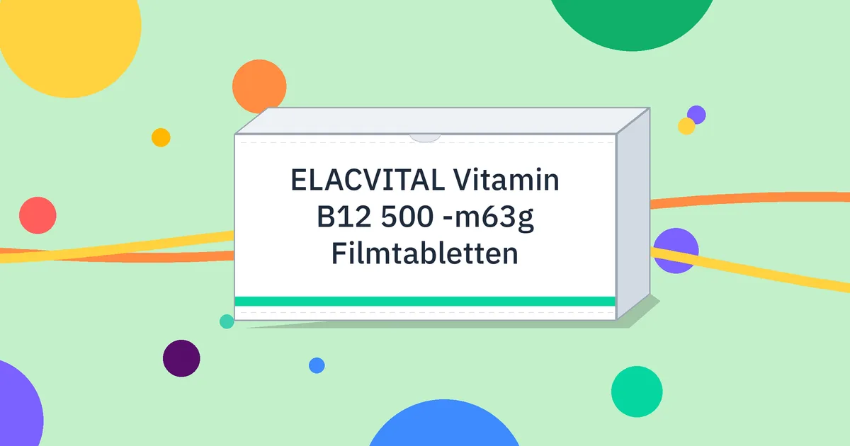 Symbolbild: Packung mit der Aufschrift ELACVITAL Vitamin B12 500 -m63g Filmtabletten (PZN 19222654) – Verfügbarkeit und Bezug in Apotheken in Frankfurt am Main