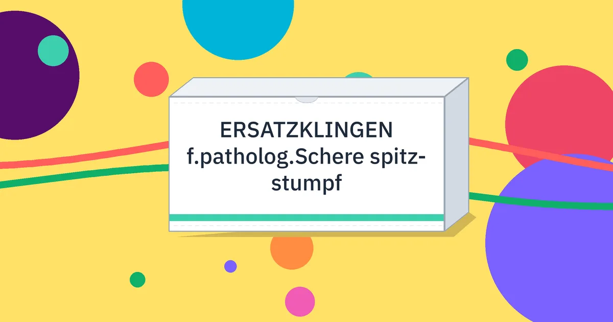 Symbolbild: Packung mit der Aufschrift ERSATZKLINGEN f.patholog.Schere spitz-stumpf (PZN 07696039) – Verfügbarkeit und Bezug in Apotheken in Frankfurt am Main