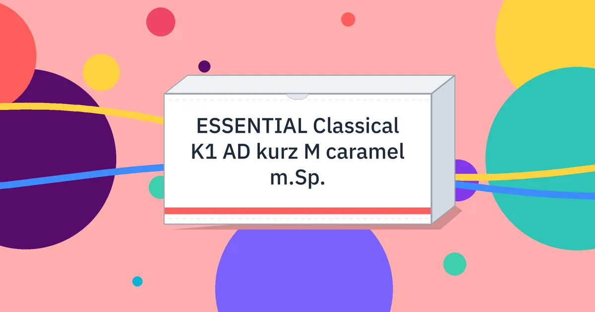 Symbolbild: Packung mit der Aufschrift ESSENTIAL Classical K1 AD kurz M caramel m.Sp. (PZN 17008603) – Verfügbarkeit und Bezug in Apotheken in Frankfurt am Main