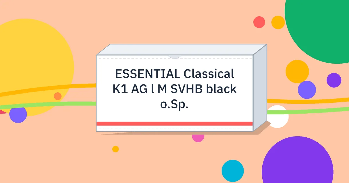 Symbolbild: Packung mit der Aufschrift ESSENTIAL Classical K1 AG l M SVHB black o.Sp. (PZN 18420518) – Verfügbarkeit und Bezug in Apotheken in Frankfurt am Main