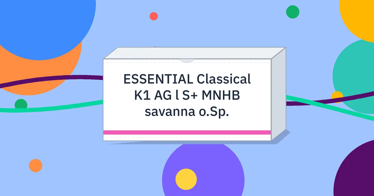 Symbolbild: Packung mit der Aufschrift ESSENTIAL Classical K1 AG l S+ MNHB savanna o.Sp. (PZN 19320517) – Verfügbarkeit und Bezug in Apotheken in Frankfurt am Main