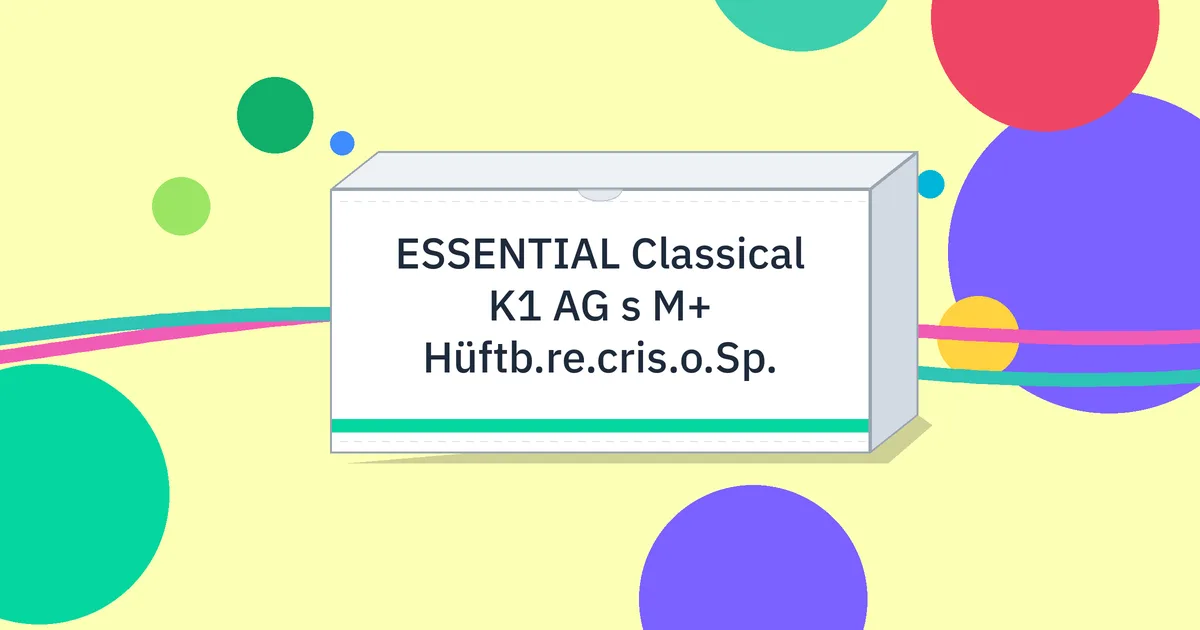 Symbolbild: Packung mit der Aufschrift ESSENTIAL Classical K1 AG s M+ Hüftb.re.cris.o.Sp. (PZN 17012332) – Verfügbarkeit und Bezug in Apotheken in Frankfurt am Main