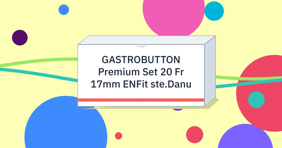 Symbolbild: Packung mit der Aufschrift GASTROBUTTON Premium Set 20 Fr 17mm ENFit ste.Danu (PZN 16883935) – Verfügbarkeit und Bezug in Apotheken in Frankfurt am Main