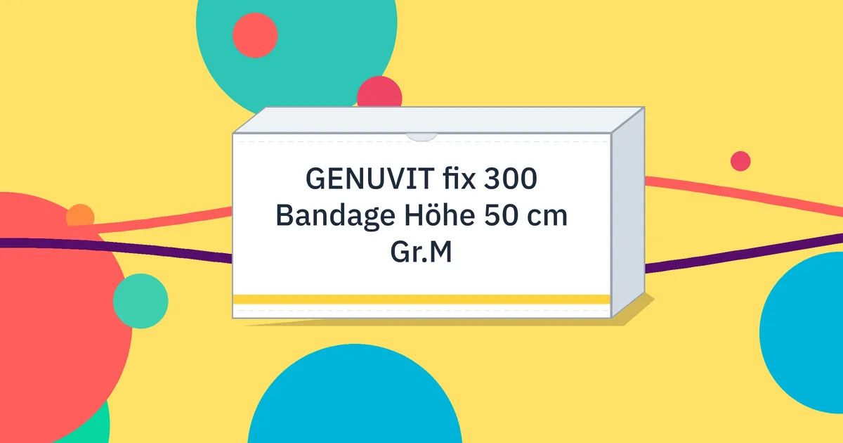 Symbolbild: Packung mit der Aufschrift GENUVIT fix 300 Bandage Höhe 50 cm Gr.M (PZN 09403596) – Verfügbarkeit und Bezug in Apotheken in Frankfurt am Main