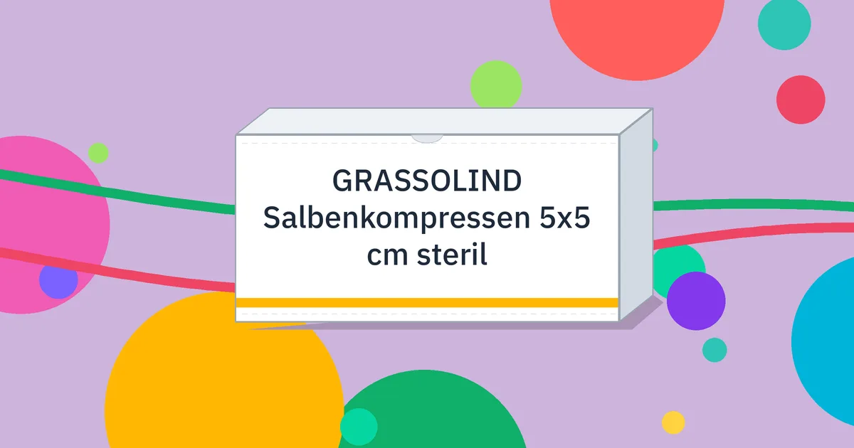 Symbolbild: Packung mit der Aufschrift GRASSOLIND Salbenkompressen 5x5 cm steril (PZN 16595946) – Verfügbarkeit und Bezug in Apotheken in Frankfurt am Main