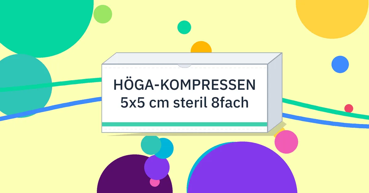 Symbolbild: Packung mit der Aufschrift HÖGA-KOMPRESSEN 5x5 cm steril 8fach (PZN 04401859) – Verfügbarkeit und Bezug in Apotheken in Frankfurt am Main