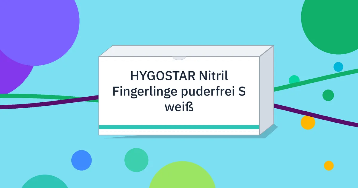 Symbolbild: Packung mit der Aufschrift HYGOSTAR Nitril Fingerlinge puderfrei S weiß (PZN 20772294) – Verfügbarkeit und Bezug in Apotheken in Frankfurt am Main