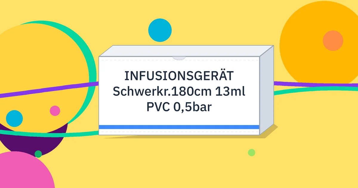 Symbolbild: Packung mit der Aufschrift INFUSIONSGERÄT Schwerkr.180cm 13ml PVC 0,5bar (PZN 18837052) – Verfügbarkeit und Bezug in Apotheken in Frankfurt am Main
