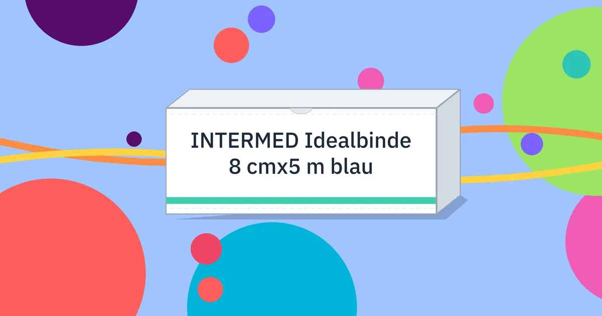 Symbolbild: Packung mit der Aufschrift INTERMED Idealbinde 8 cmx5 m blau (PZN 02549836) – Verfügbarkeit und Bezug in Apotheken in Frankfurt am Main