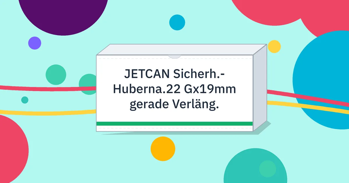 Symbolbild: Packung mit der Aufschrift JETCAN Sicherh.-Huberna.22 Gx19mm gerade Verläng. (PZN 20835942) – Verfügbarkeit und Bezug in Apotheken in Frankfurt am Main