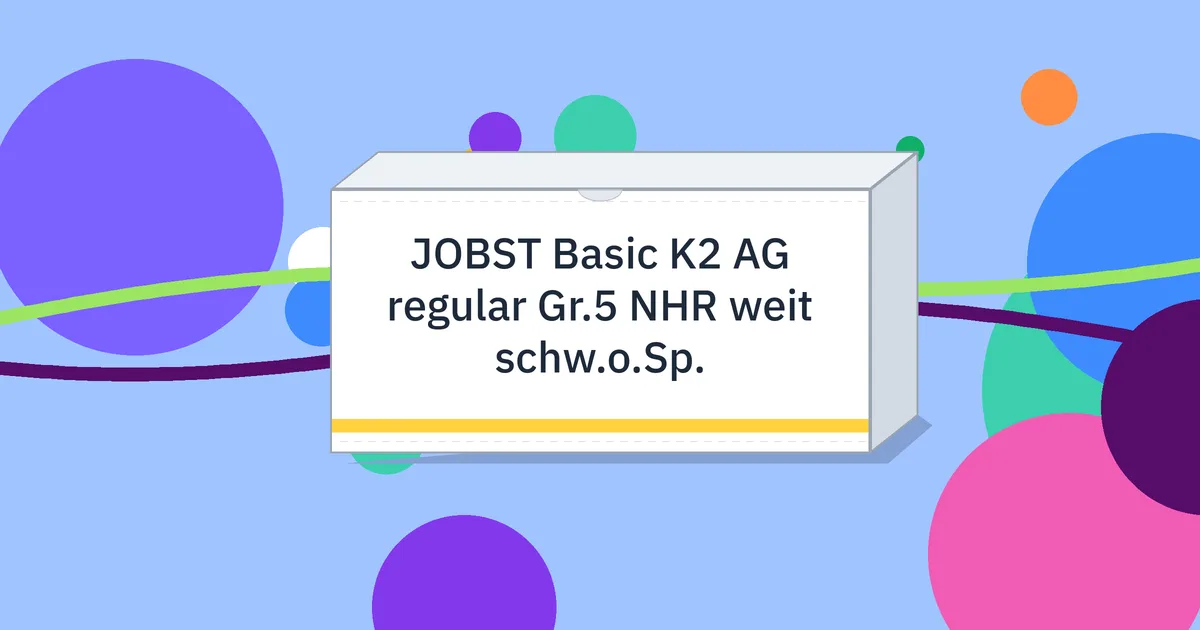 Symbolbild: Packung mit der Aufschrift JOBST Basic K2 AG regular Gr.5 NHR weit schw.o.Sp. (PZN 15311734) – Verfügbarkeit und Bezug in Apotheken in Frankfurt am Main