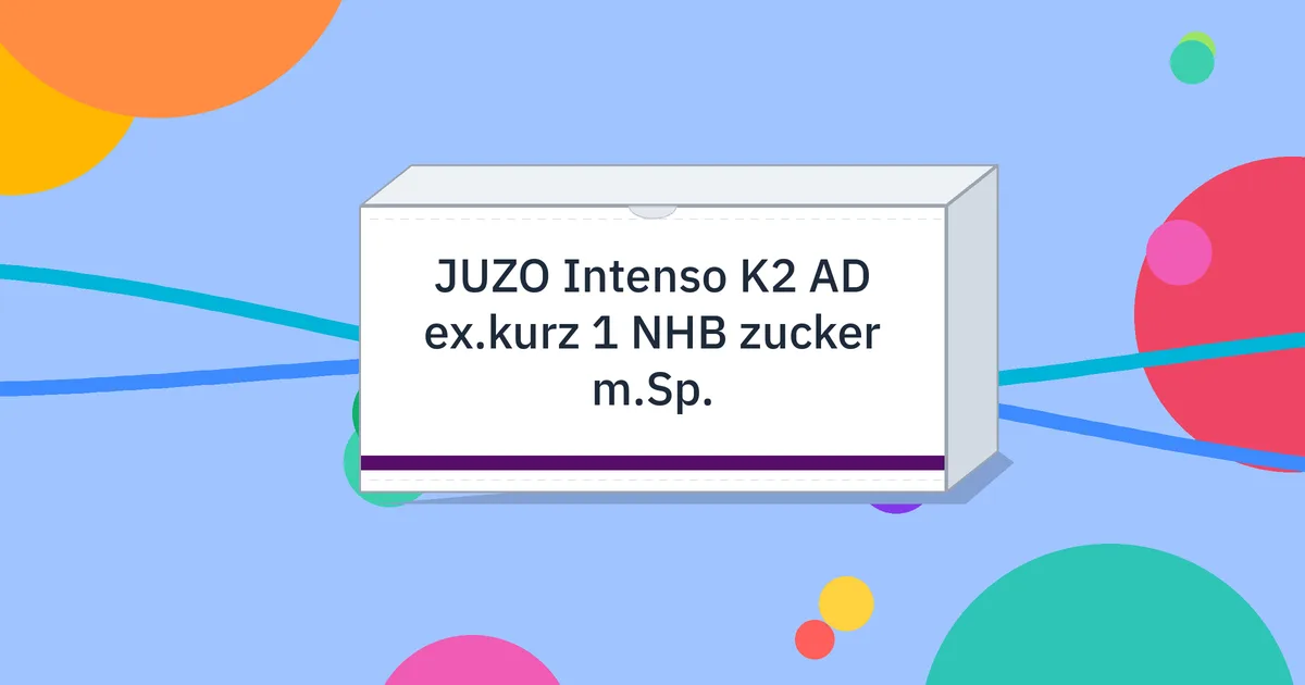 Symbolbild: Packung mit der Aufschrift JUZO Intenso K2 AD ex.kurz 1 NHB zucker m.Sp. (PZN 18611299) – Verfügbarkeit und Bezug in Apotheken in Frankfurt am Main