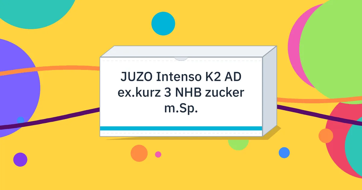 Symbolbild: Packung mit der Aufschrift JUZO Intenso K2 AD ex.kurz 3 NHB zucker m.Sp. (PZN 18611313) – Verfügbarkeit und Bezug in Apotheken in Frankfurt am Main