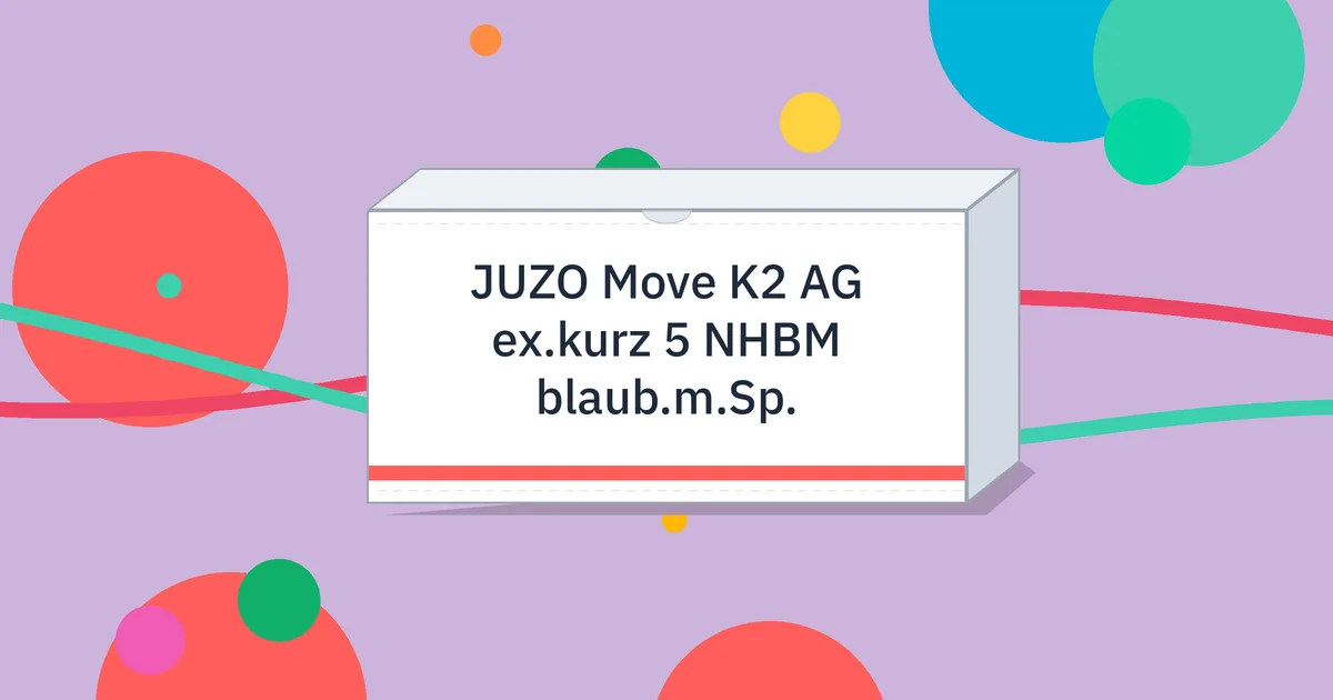 Symbolbild: Packung mit der Aufschrift JUZO Move K2 AG ex.kurz 5 NHBM blaub.m.Sp. (PZN 18562810) – Verfügbarkeit und Bezug in Apotheken in Frankfurt am Main