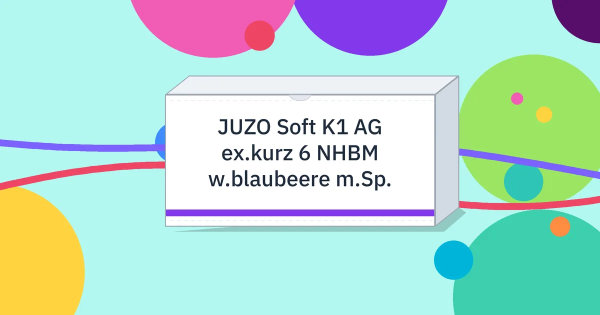 Symbolbild: Packung mit der Aufschrift JUZO Soft K1 AG ex.kurz 6 NHBM w.blaubeere m.Sp. (PZN 15018081) – Verfügbarkeit und Bezug in Apotheken in Frankfurt am Main