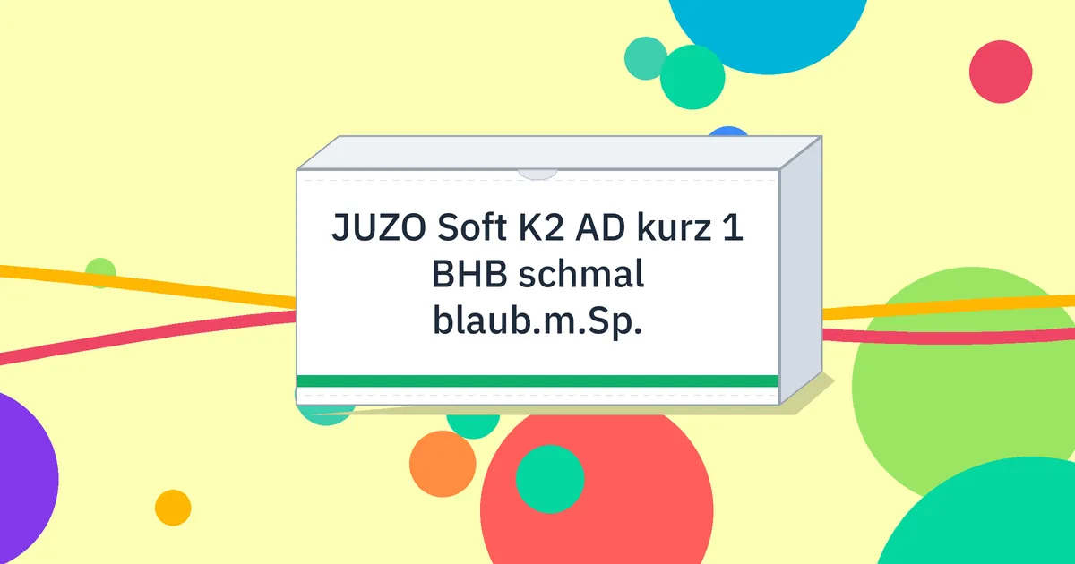 Symbolbild: Packung mit der Aufschrift JUZO Soft K2 AD kurz 1 BHB schmal blaub.m.Sp. (PZN 15465822) – Verfügbarkeit und Bezug in Apotheken in Frankfurt am Main