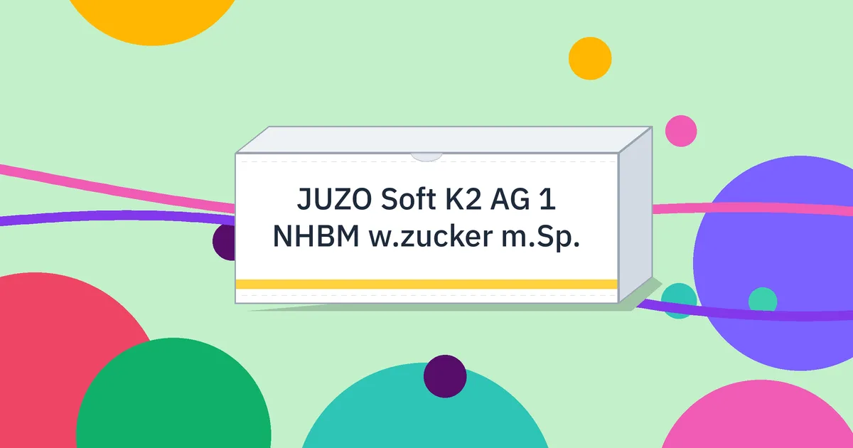 Symbolbild: Packung mit der Aufschrift JUZO Soft K2 AG 1 NHBM w.zucker m.Sp. (PZN 15018477) – Verfügbarkeit und Bezug in Apotheken in Frankfurt am Main