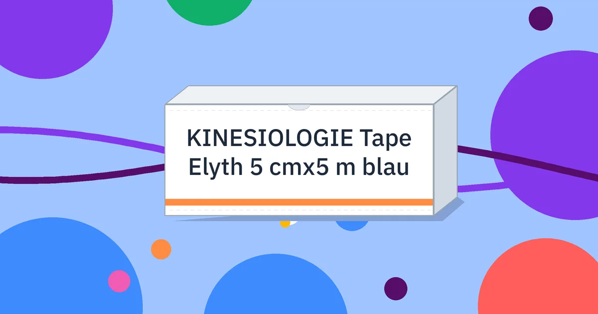 Symbolbild: Packung mit der Aufschrift KINESIOLOGIE Tape Elyth 5 cmx5 m blau (PZN 10735748) – Verfügbarkeit und Bezug in Apotheken in Frankfurt am Main