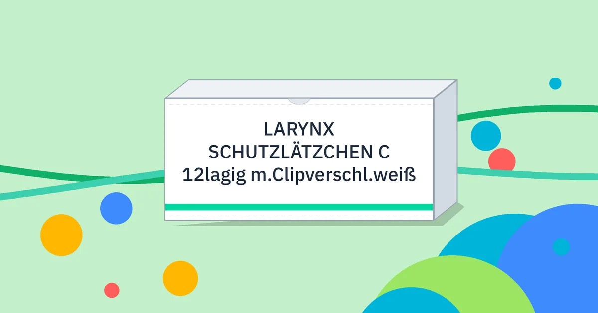 Symbolbild: Packung mit der Aufschrift LARYNX SCHUTZLÄTZCHEN C 12lagig m.Clipverschl.weiß (PZN 02399934) – Verfügbarkeit und Bezug in Apotheken in Frankfurt am Main