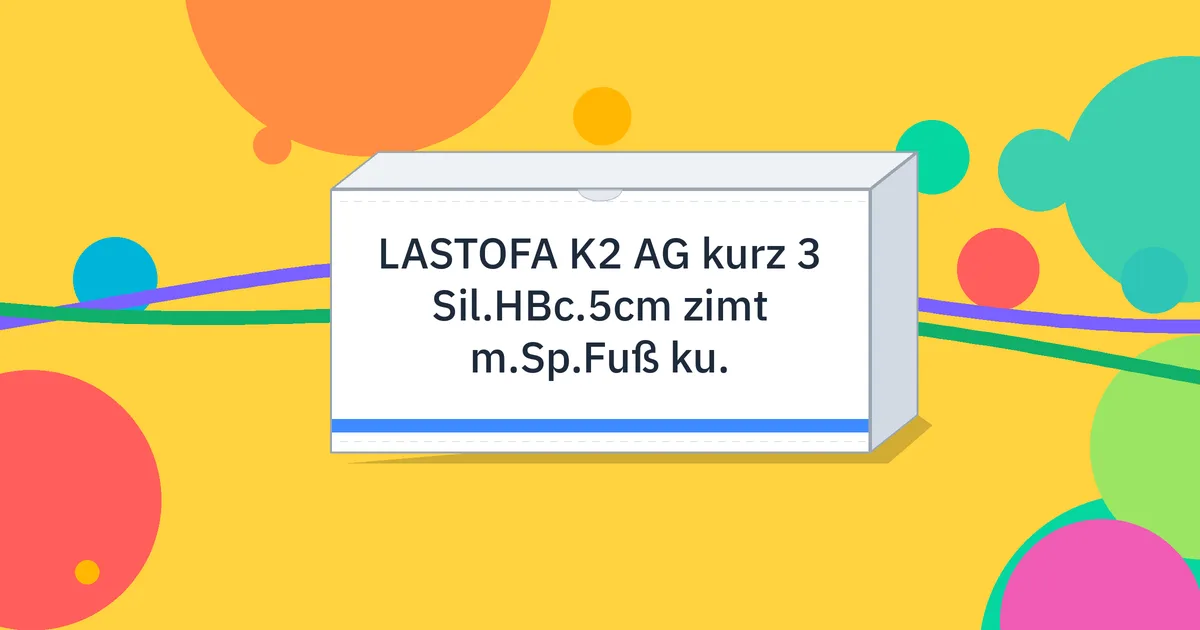 Symbolbild: Packung mit der Aufschrift LASTOFA K2 AG kurz 3 Sil.HBc.5cm zimt m.Sp.Fuß ku. (PZN 13804102) – Verfügbarkeit und Bezug in Apotheken in Frankfurt am Main