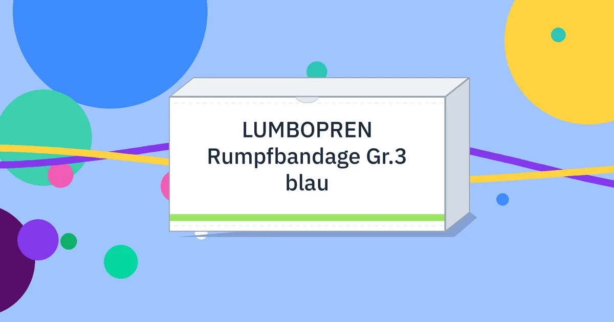Symbolbild: Packung mit der Aufschrift LUMBOPREN Rumpfbandage Gr.3 blau (PZN 05045131) – Verfügbarkeit und Bezug in Apotheken in Frankfurt am Main
