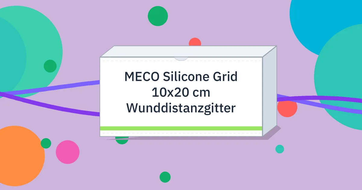 Symbolbild: Packung mit der Aufschrift MECO Silicone Grid 10x20 cm Wunddistanzgitter (PZN 17616432) – Verfügbarkeit und Bezug in Apotheken in Frankfurt am Main