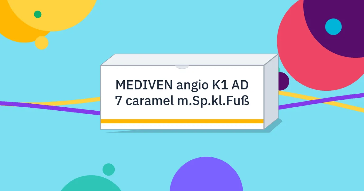 Symbolbild: Packung mit der Aufschrift MEDIVEN angio K1 AD 7 caramel m.Sp.kl.Fuß (PZN 17209997) – Verfügbarkeit und Bezug in Apotheken in Frankfurt am Main