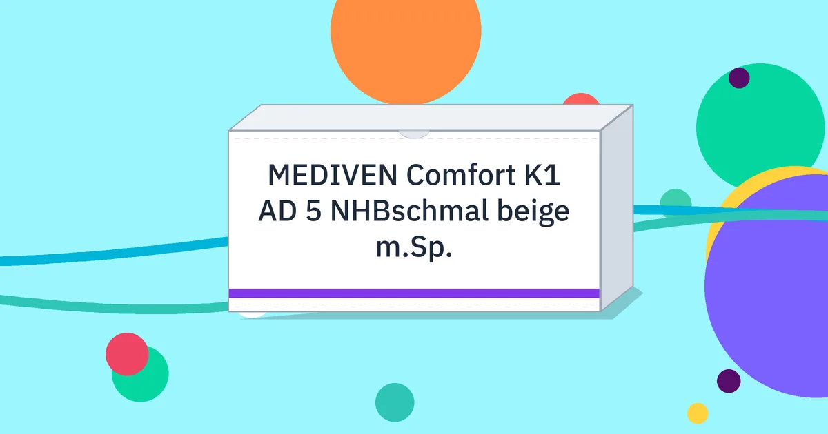 Symbolbild: Packung mit der Aufschrift MEDIVEN Comfort K1 AD 5 NHBschmal beige m.Sp. (PZN 14562026) – Verfügbarkeit und Bezug in Apotheken in Frankfurt am Main