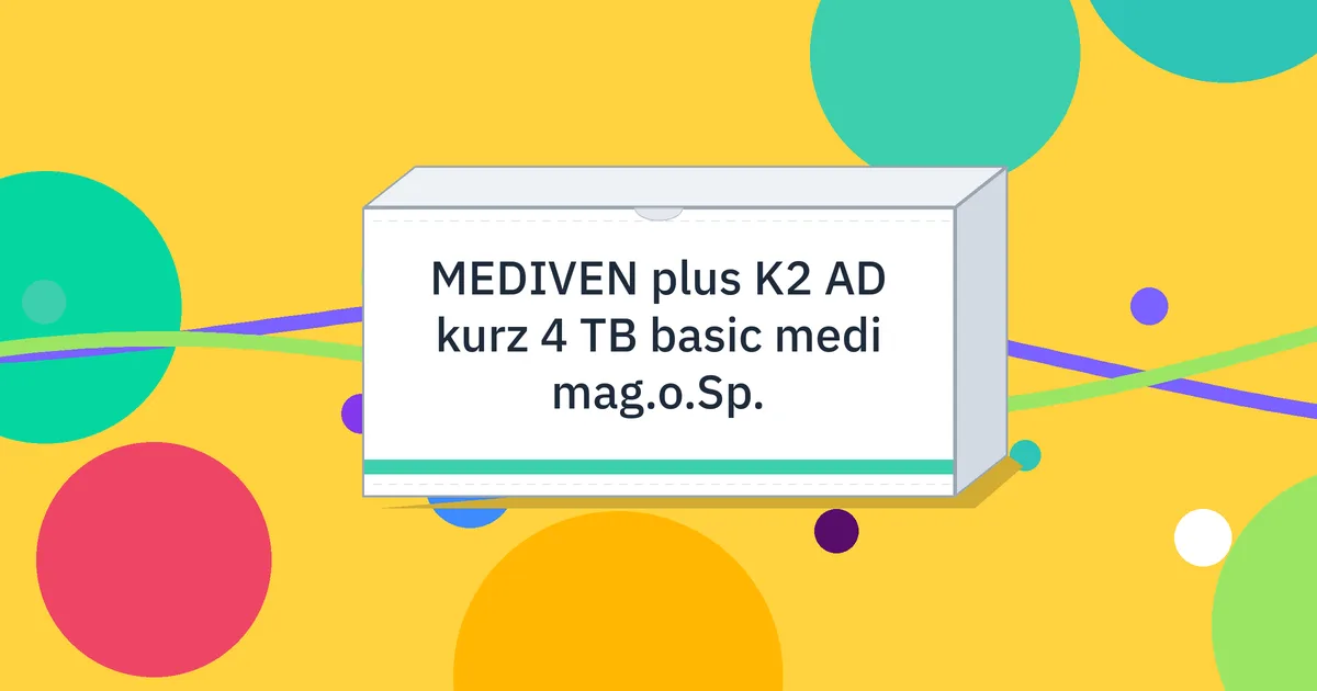 Symbolbild: Packung mit der Aufschrift MEDIVEN plus K2 AD kurz 4 TB basic medi mag.o.Sp. (PZN 15098571) – Verfügbarkeit und Bezug in Apotheken in Frankfurt am Main