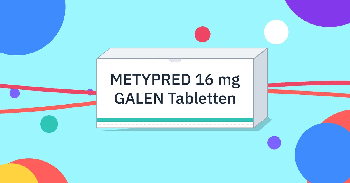Symbolbild: Packung mit der Aufschrift METYPRED 16 mg GALEN Tabletten (PZN 12340988) – Verfügbarkeit und Bezug in Apotheken in Frankfurt am Main