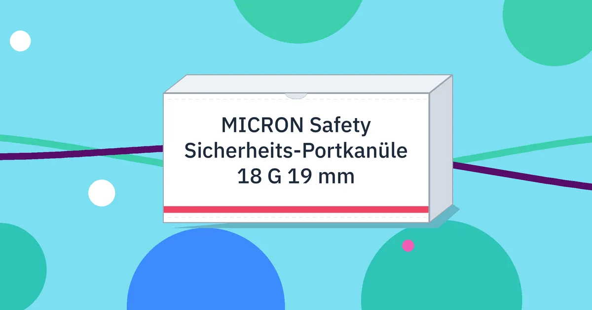 Symbolbild: Packung mit der Aufschrift MICRON Safety Sicherheits-Portkanüle 18 G 19 mm (PZN 19223381) – Verfügbarkeit und Bezug in Apotheken in Frankfurt am Main