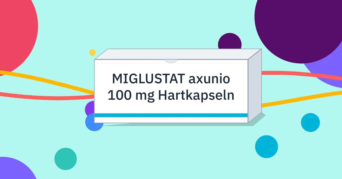 Symbolbild: Packung mit der Aufschrift MIGLUSTAT axunio 100 mg Hartkapseln (PZN 17929208) – Verfügbarkeit und Bezug in Apotheken in Frankfurt am Main