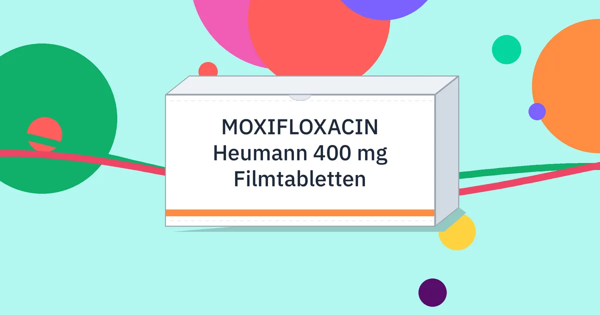 Symbolbild: Packung mit der Aufschrift MOXIFLOXACIN Heumann 400 mg Filmtabletten (PZN 10419510) – Verfügbarkeit und Bezug in Apotheken in Frankfurt am Main