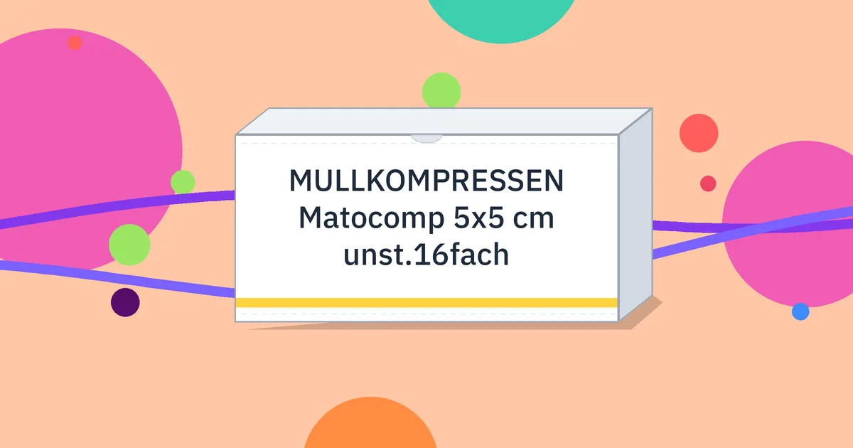 Symbolbild: Packung mit der Aufschrift MULLKOMPRESSEN Matocomp 5x5 cm unst.16fach (PZN 03377768) – Verfügbarkeit und Bezug in Apotheken in Frankfurt am Main