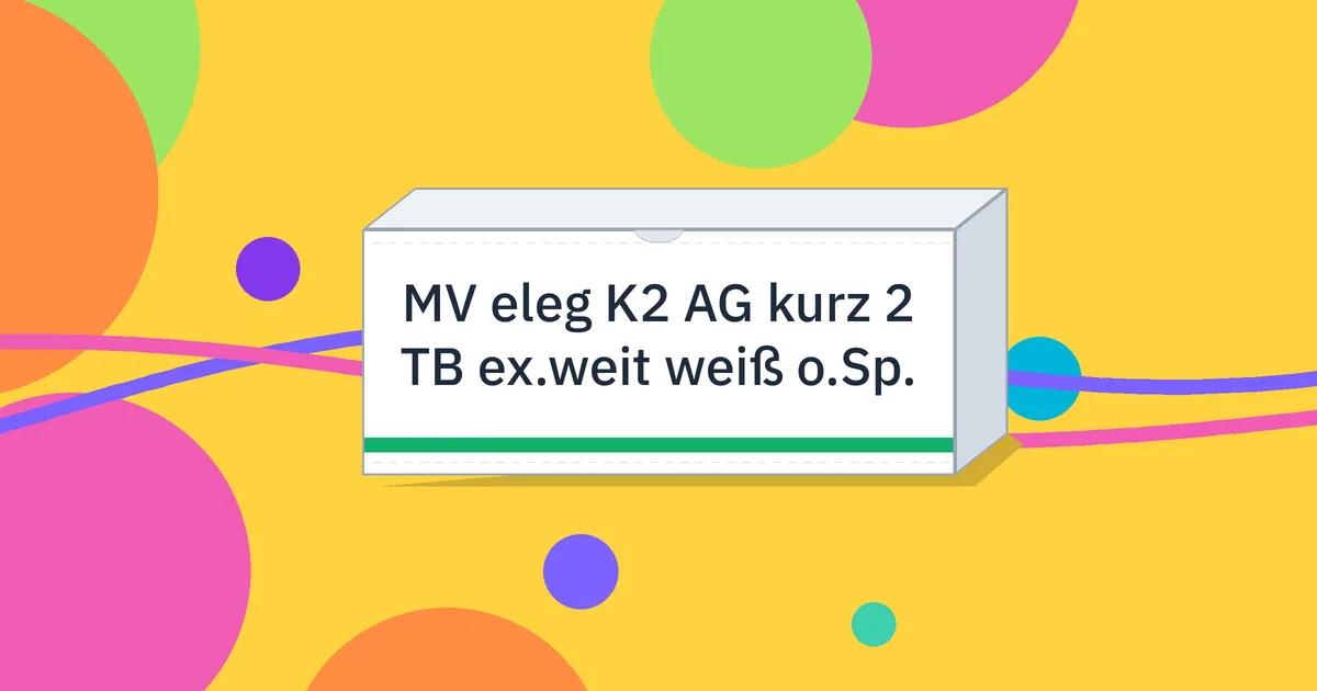 Symbolbild: Packung mit der Aufschrift MV eleg K2 AG kurz 2 TB ex.weit weiß o.Sp. (PZN 09880600) – Verfügbarkeit und Bezug in Apotheken in Frankfurt am Main