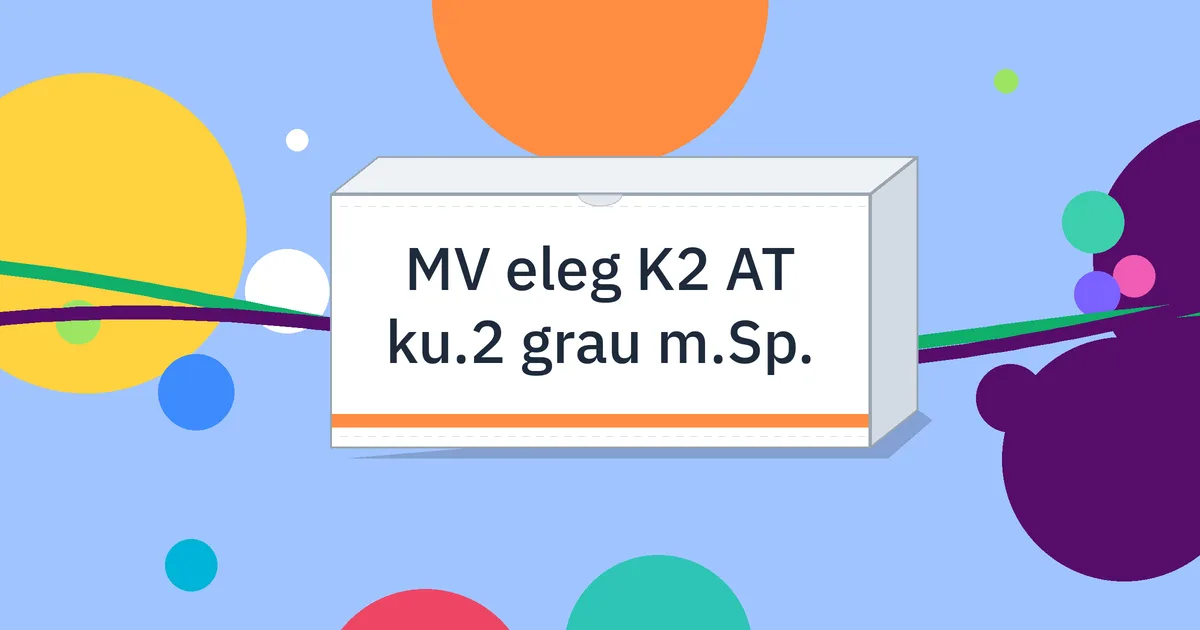 Symbolbild: Packung mit der Aufschrift MV eleg K2 AT ku.2 grau m.Sp. (PZN 18923047) – Verfügbarkeit und Bezug in Apotheken in Frankfurt am Main