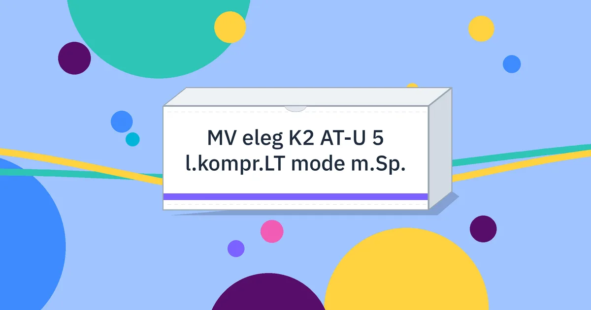 Symbolbild: Packung mit der Aufschrift MV eleg K2 AT-U 5 l.kompr.LT mode m.Sp. (PZN 06191159) – Verfügbarkeit und Bezug in Apotheken in Frankfurt am Main