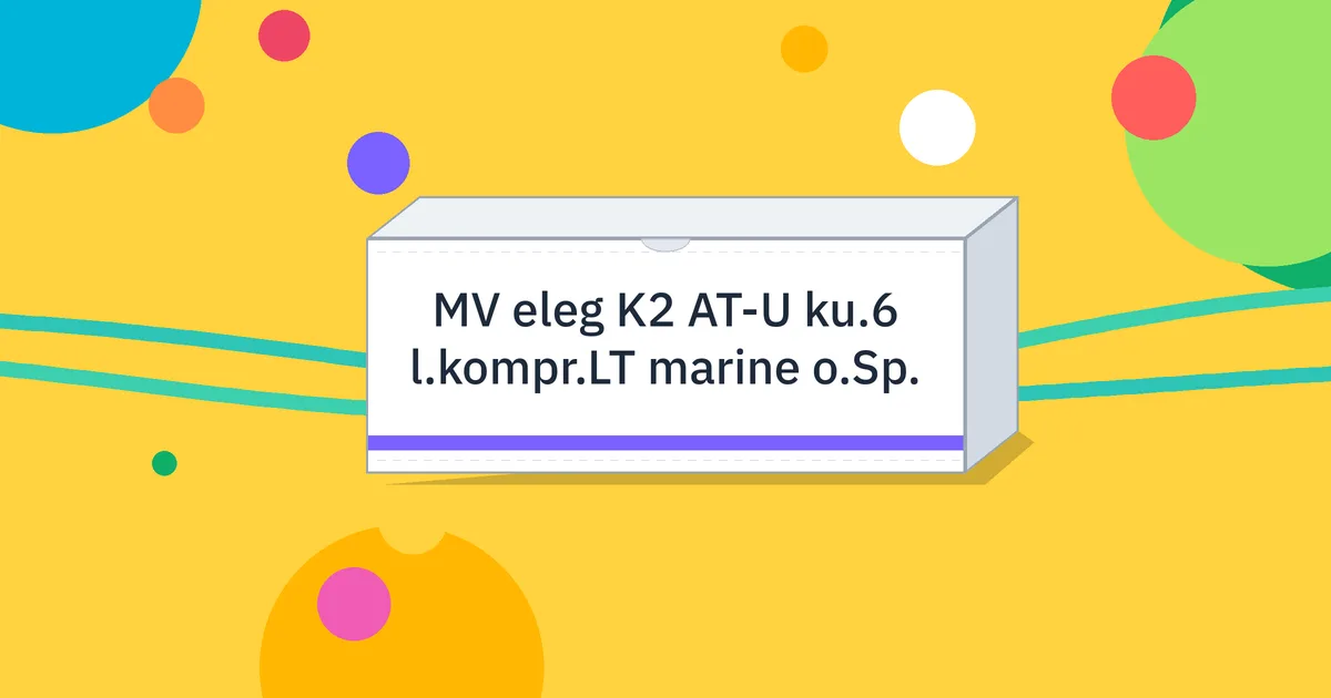 Symbolbild: Packung mit der Aufschrift MV eleg K2 AT-U ku.6 l.kompr.LT marine o.Sp. (PZN 14597125) – Verfügbarkeit und Bezug in Apotheken in Frankfurt am Main