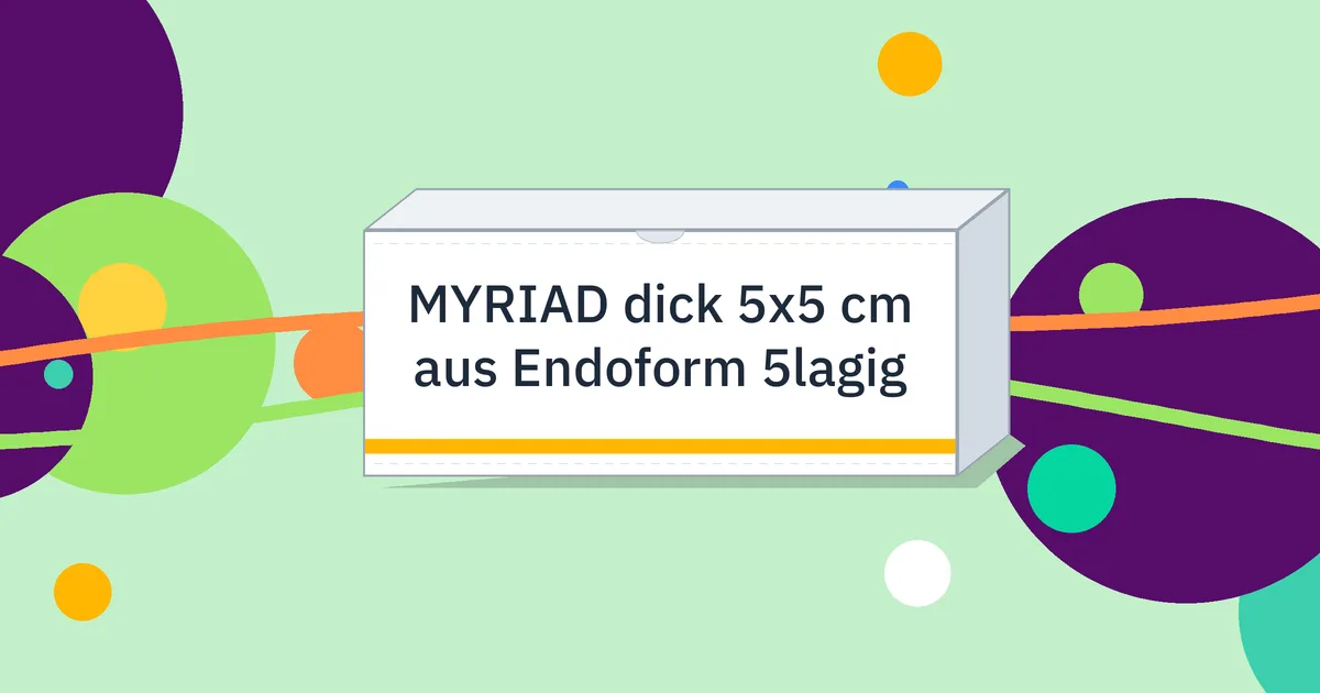 Symbolbild: Packung mit der Aufschrift MYRIAD dick 5x5 cm aus Endoform 5lagig (PZN 18130996) – Verfügbarkeit und Bezug in Apotheken in Frankfurt am Main