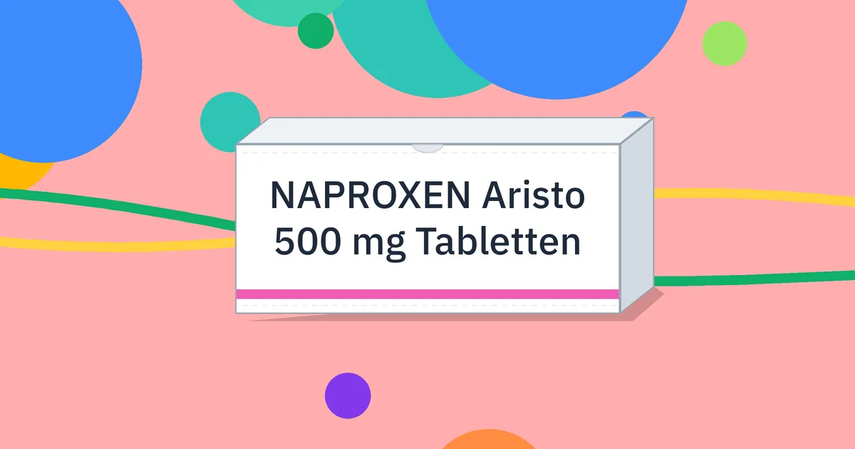 Symbolbild: Packung mit der Aufschrift NAPROXEN Aristo 500 mg Tabletten (PZN 01175753) – Verfügbarkeit und Bezug in Apotheken in Frankfurt am Main