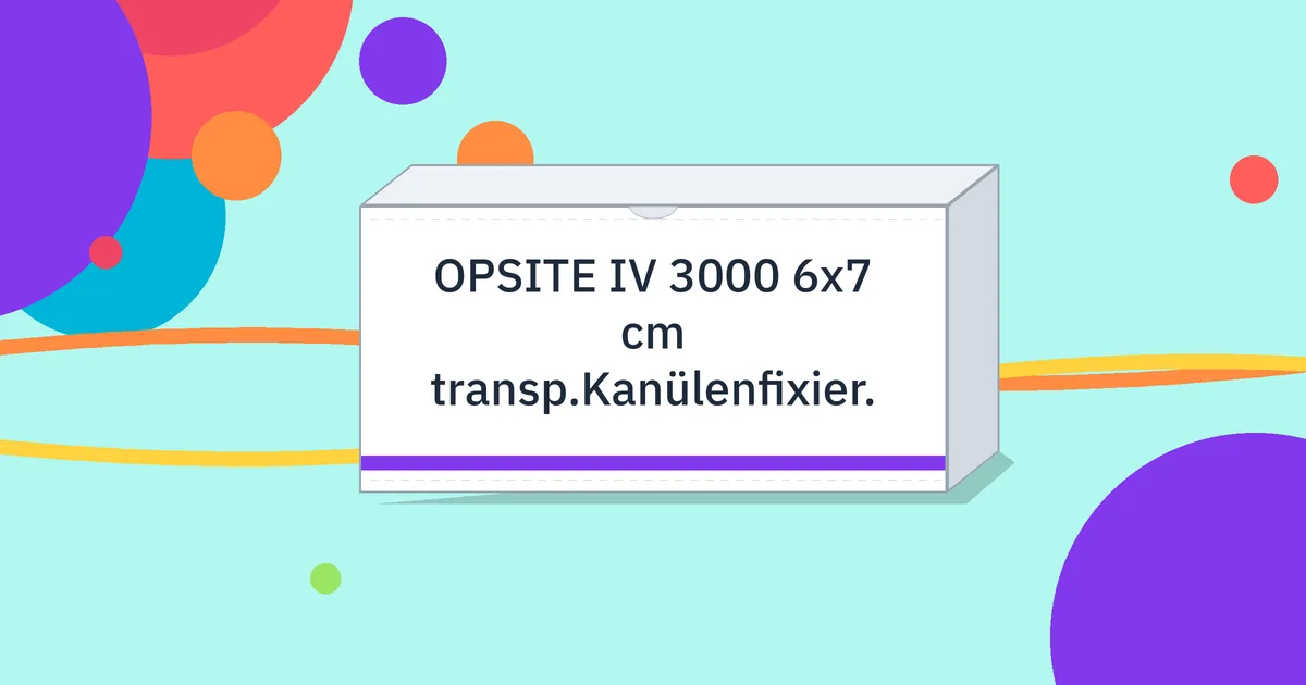 Symbolbild: Packung mit der Aufschrift OPSITE IV 3000 6x7 cm transp.Kanülenfixier. (PZN 20058220) – Verfügbarkeit und Bezug in Apotheken in Frankfurt am Main