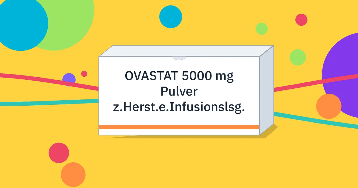 Symbolbild: Packung mit der Aufschrift OVASTAT 5000 mg Pulver z.Herst.e.Infusionslsg. (PZN 03689249) – Verfügbarkeit und Bezug in Apotheken in Frankfurt am Main