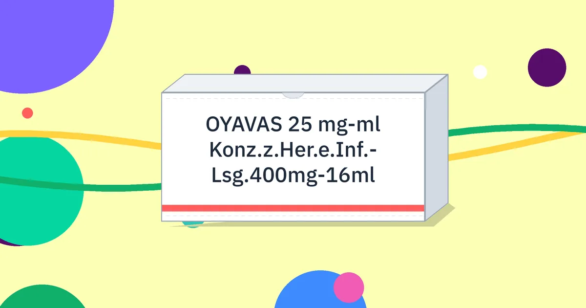 Symbolbild: Packung mit der Aufschrift OYAVAS 25 mg-ml Konz.z.Her.e.Inf.-Lsg.400mg-16ml (PZN 16911867) – Verfügbarkeit und Bezug in Apotheken in Frankfurt am Main