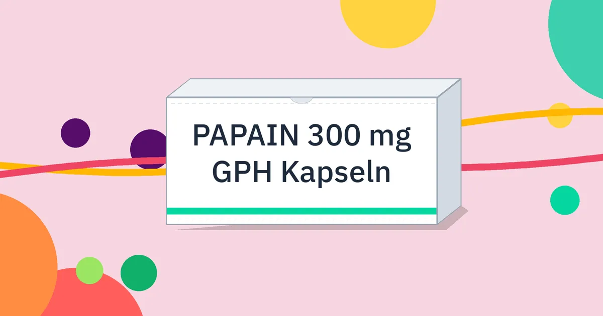 Symbolbild: Packung mit der Aufschrift PAPAIN 300 mg GPH Kapseln (PZN 03448089) – Verfügbarkeit und Bezug in Apotheken in Frankfurt am Main