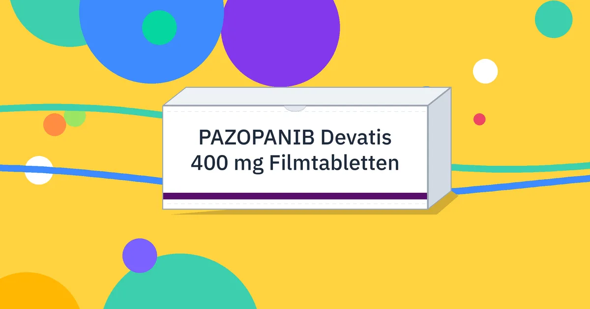 Symbolbild: Packung mit der Aufschrift PAZOPANIB Devatis 400 mg Filmtabletten (PZN 20088468) – Verfügbarkeit und Bezug in Apotheken in Frankfurt am Main