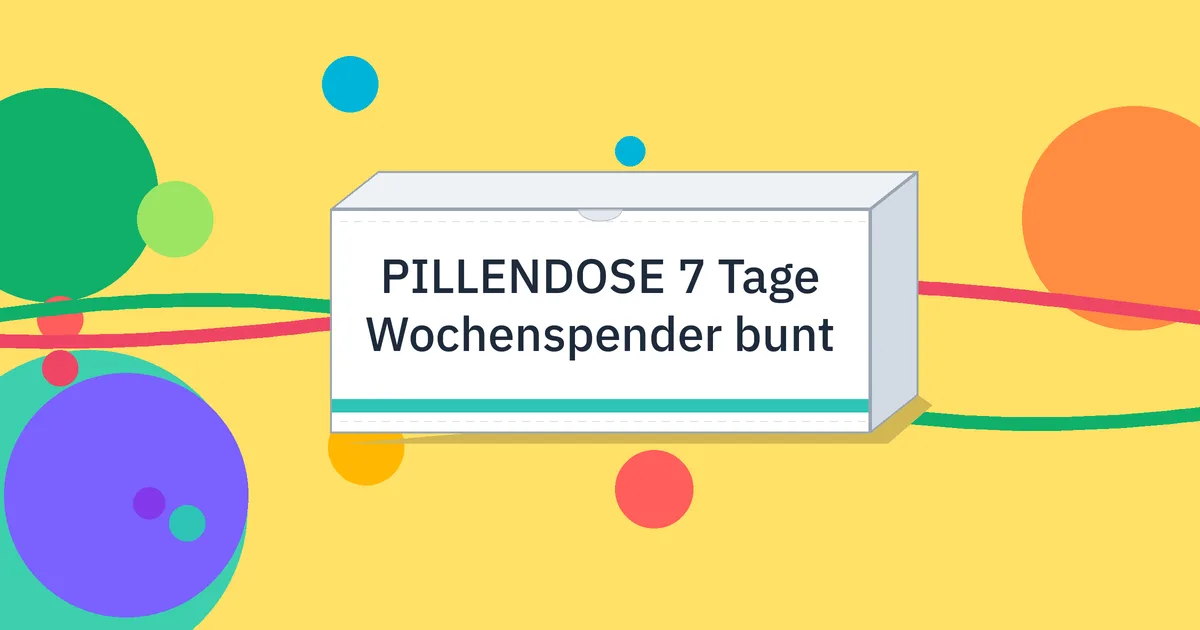 Symbolbild: Packung mit der Aufschrift PILLENDOSE 7 Tage Wochenspender bunt (PZN 19429527) – Verfügbarkeit und Bezug in Apotheken in Frankfurt am Main
