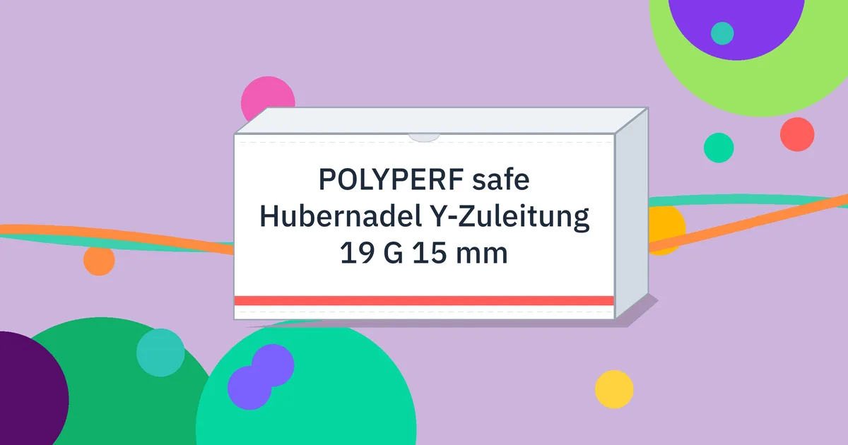 Symbolbild: Packung mit der Aufschrift POLYPERF safe Hubernadel Y-Zuleitung 19 G 15 mm (PZN 18113880) – Verfügbarkeit und Bezug in Apotheken in Frankfurt am Main