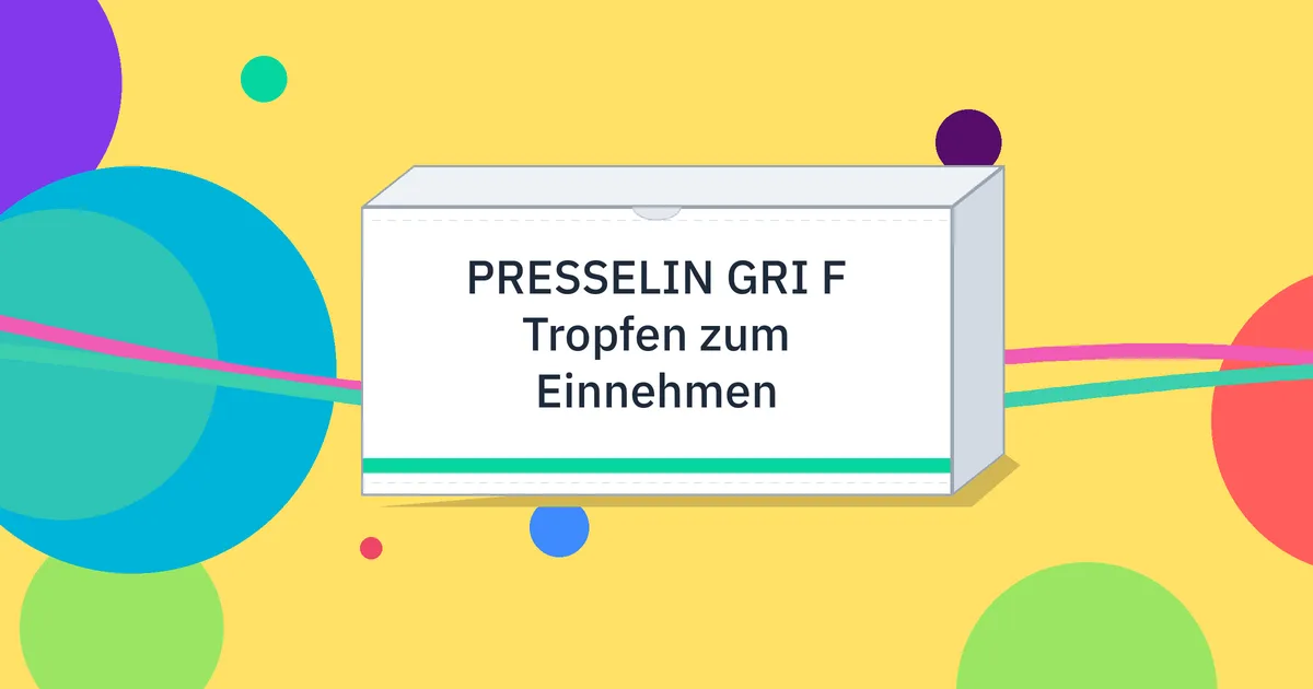 Symbolbild: Packung mit der Aufschrift PRESSELIN GRI F Tropfen zum Einnehmen (PZN 13716303) – Verfügbarkeit und Bezug in Apotheken in Frankfurt am Main