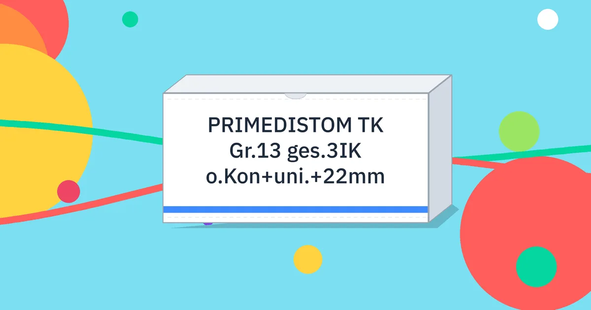 Symbolbild: Packung mit der Aufschrift PRIMEDISTOM TK Gr.13 ges.3IK o.Kon+uni.+22mm (PZN 10209451) – Verfügbarkeit und Bezug in Apotheken in Frankfurt am Main